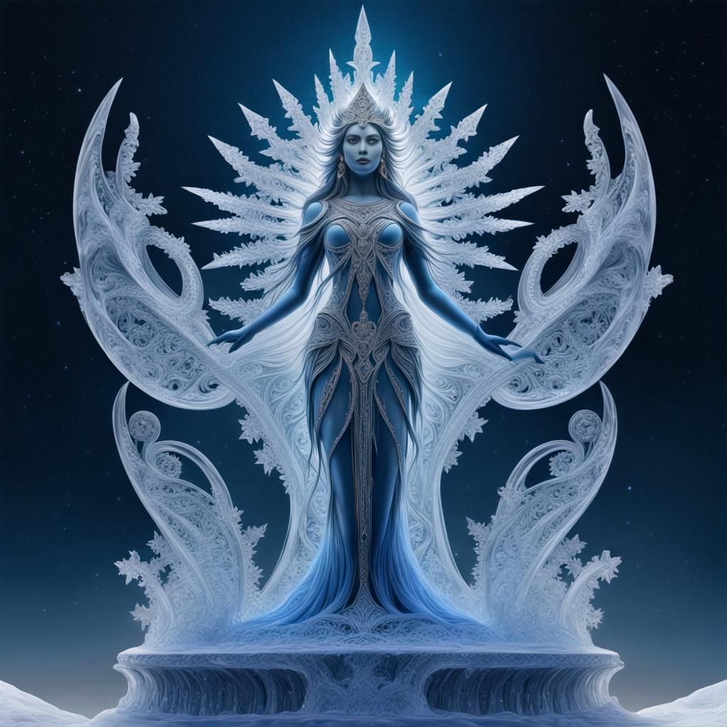 An intricate HUGE beautiful starry ICE SCULPTURE of a goddess, made of fractal transparent-blue ...