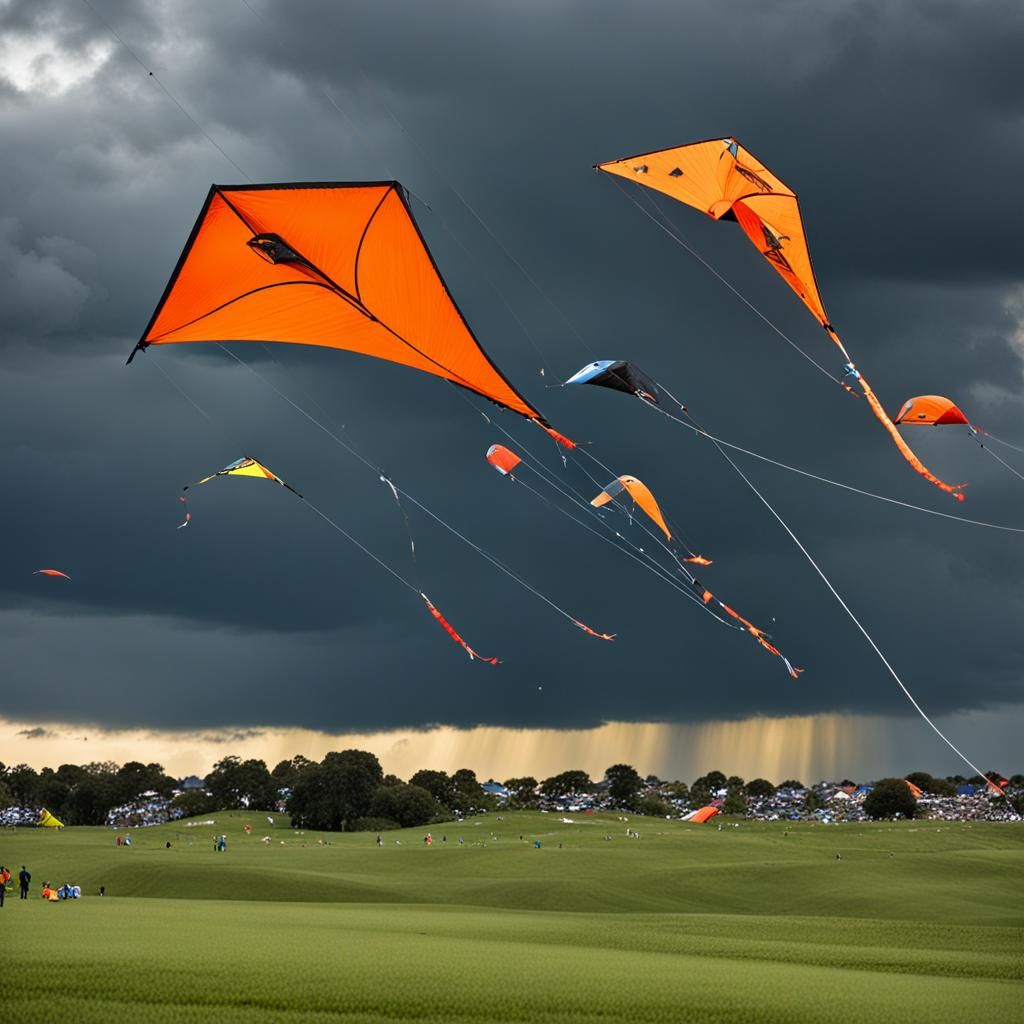 Kites in thunder sky. Blitz hits an orange kite. - AI Generated Artwork ...