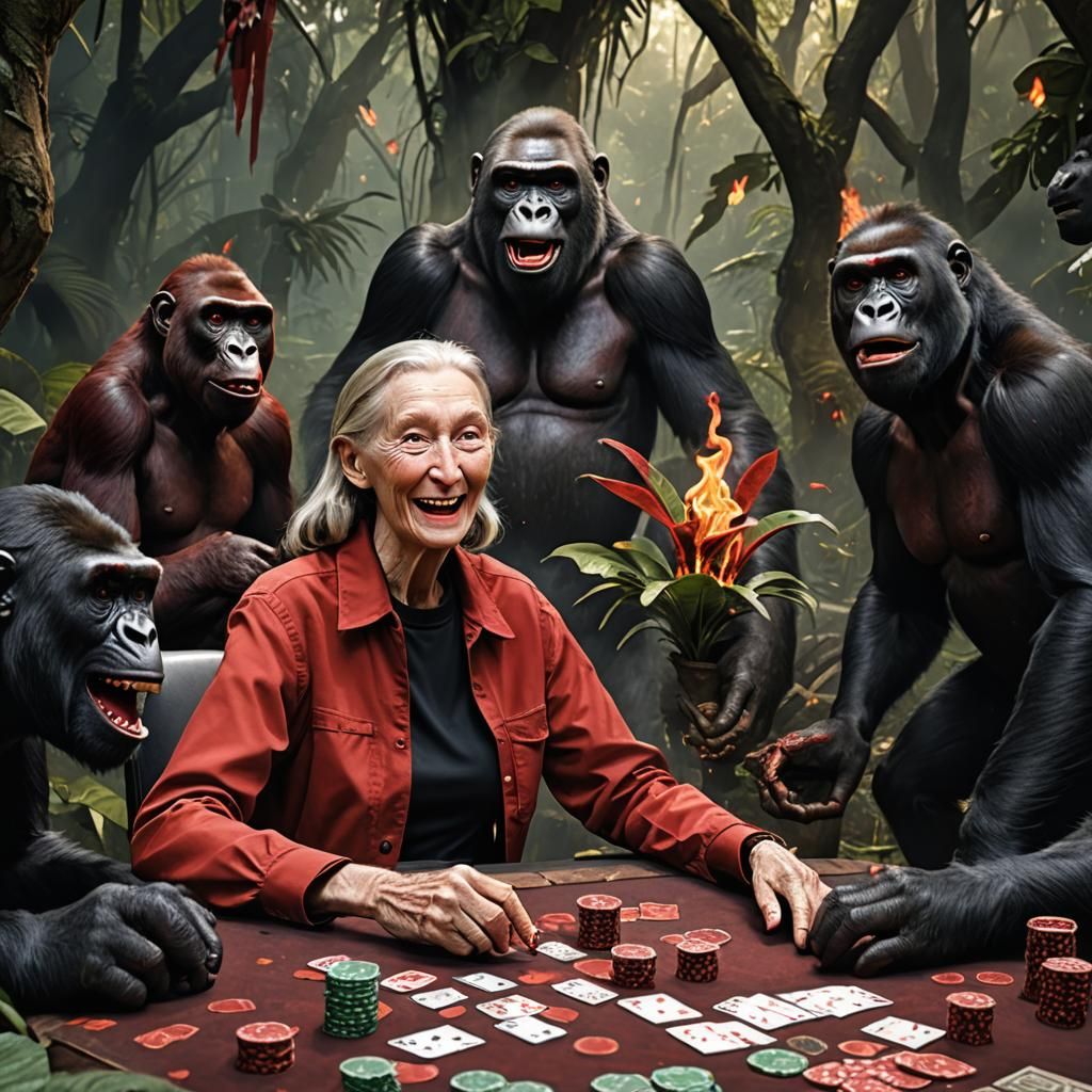 Satanic Jane Goodall playing poker with gorillas - AI Generated Artwork ...