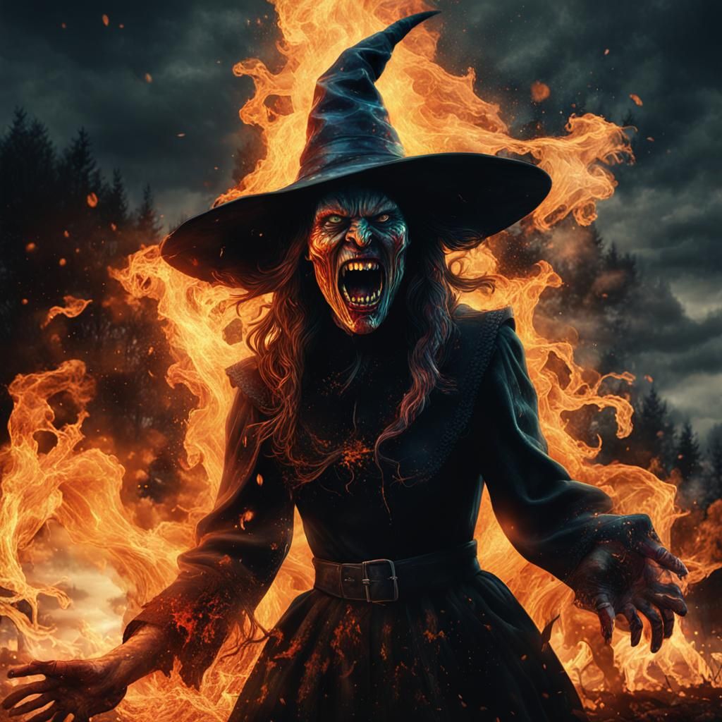 (portrait_scary_witch_screaming_screaming_at_the_bonfire) creepy_dark ...