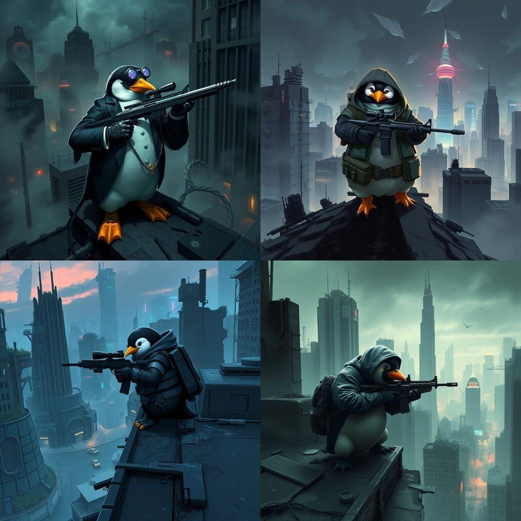 Futuristic Penguin Sniper in Ruined Cityscape - AI Art