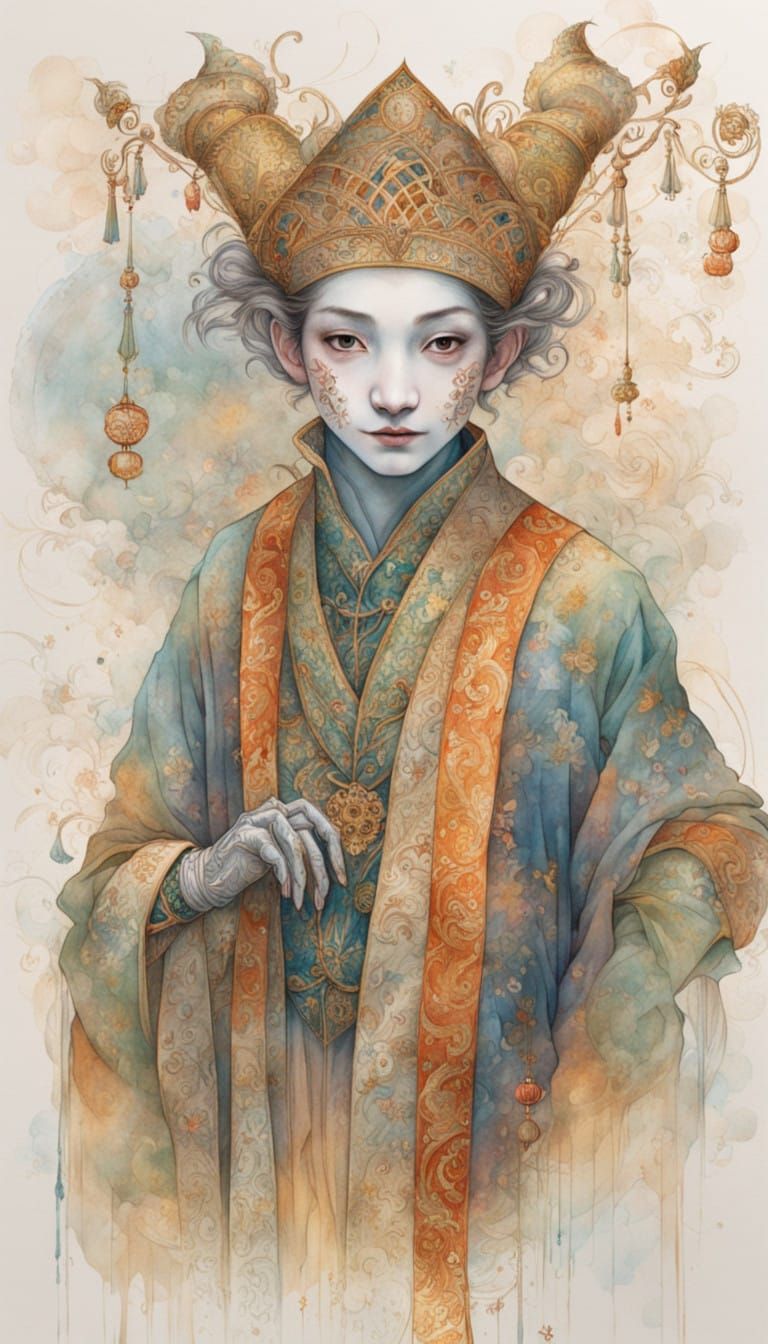 Whimsical Chinese Jester in Imperial Court - AI Art