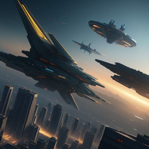 Massive Spaceship Fleet Dominates a Futuristic Cit... - AI Art