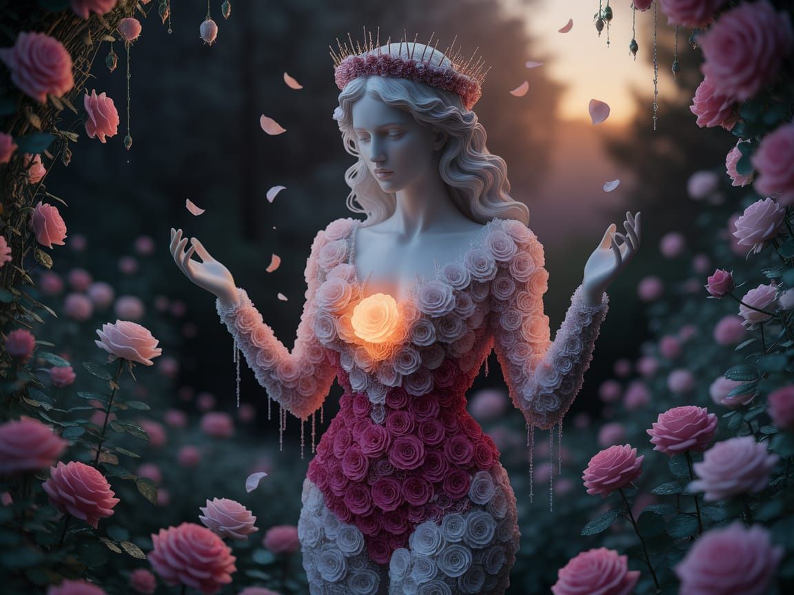 Majestic Rose Statue in Ethereal Garden - AI Art