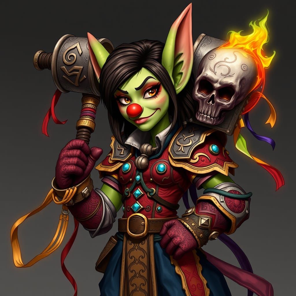 Goblin Warrior in Whimsical Clown Makeup and Armor - AI Art