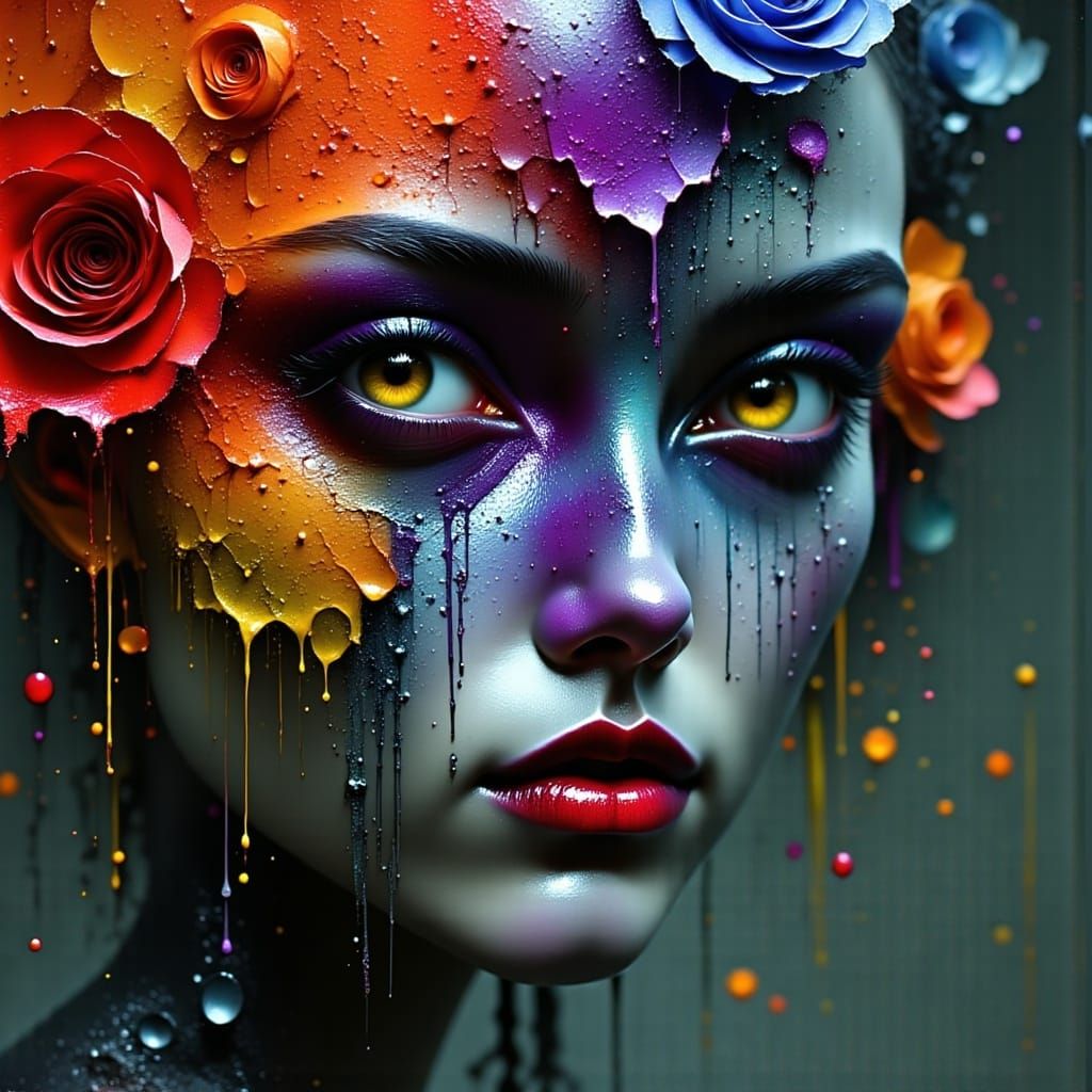 As She Colors - Ethereal Goddess in Dark, Vibrant Splendor