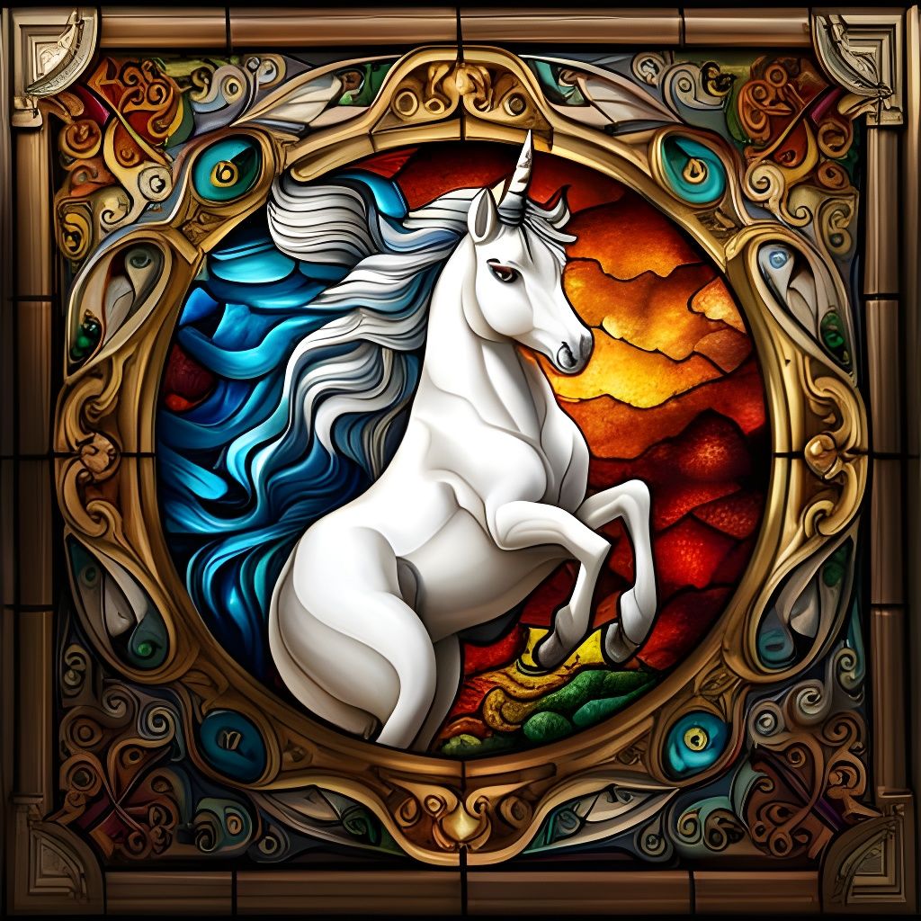 Hyper detailed Stained glass window with a majestic unicorn on it ...