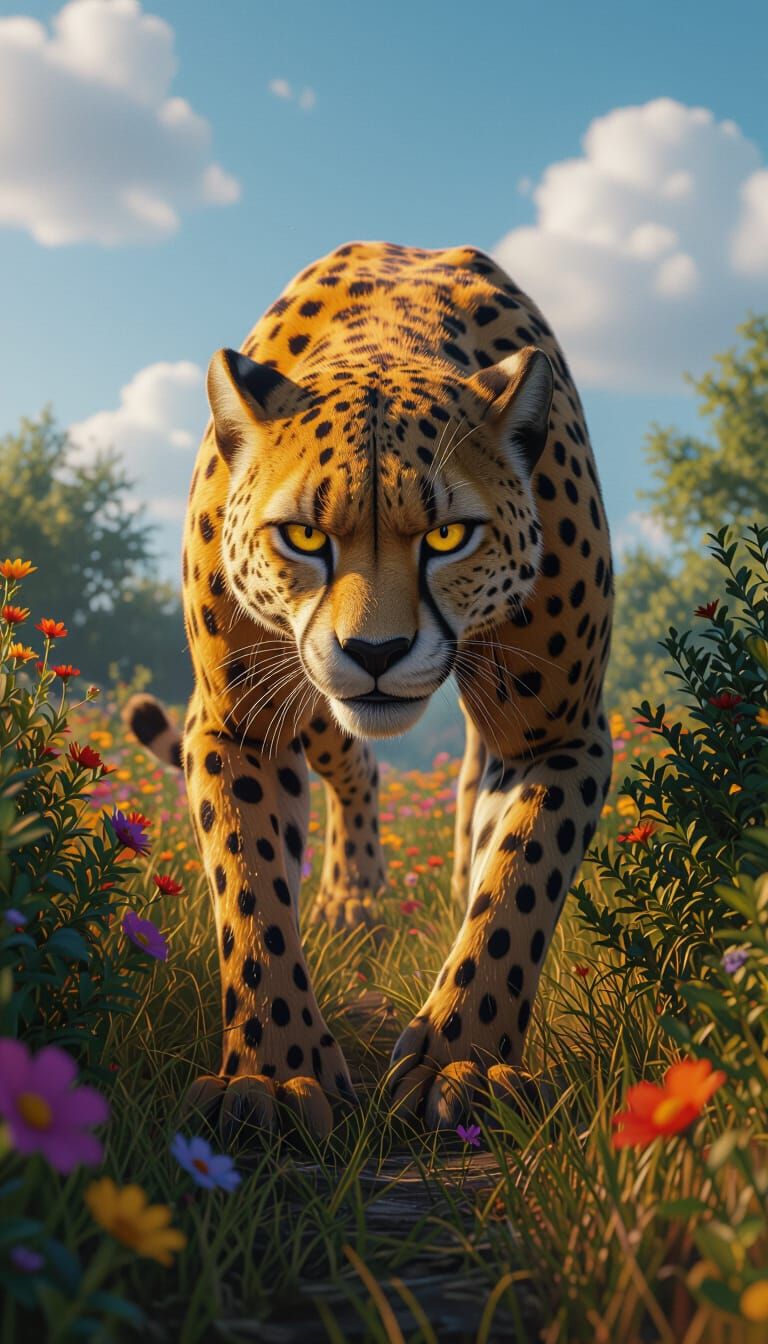 Muscular Cheetah Emerges into Meadow: 3D Ultra-HD ... - AI Art
