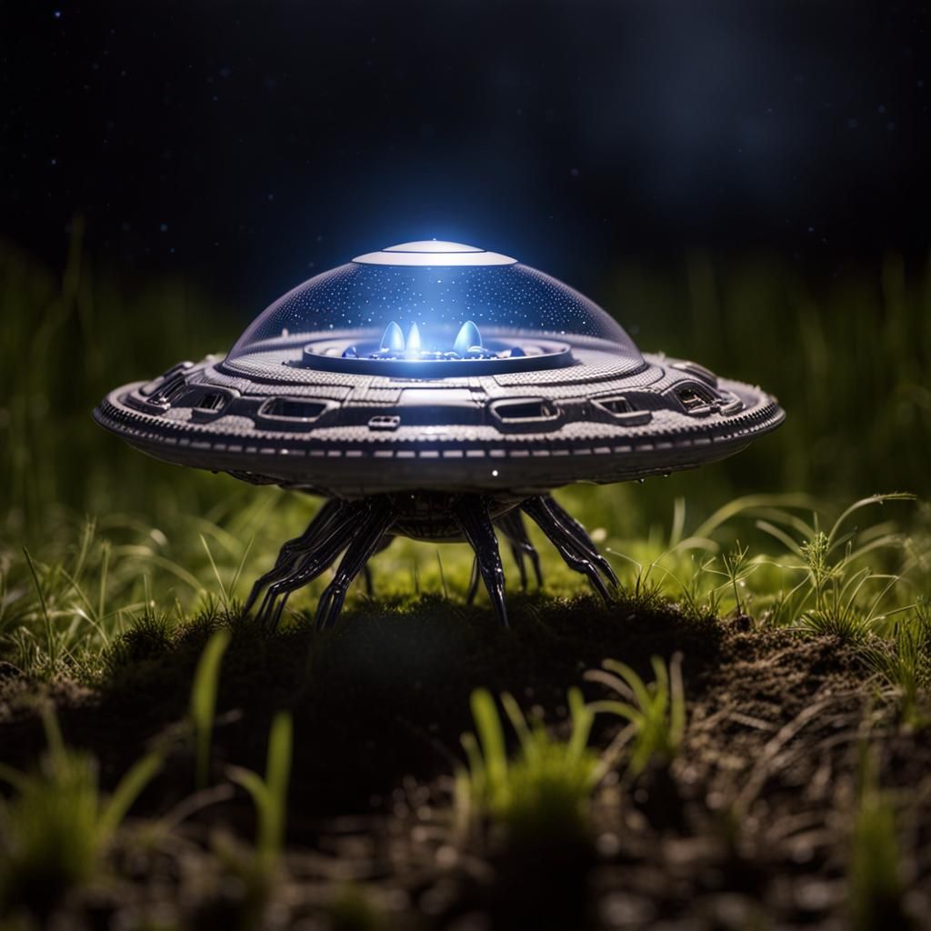 Photograph, miniature glowing alien spaceship with alien in it in the ...