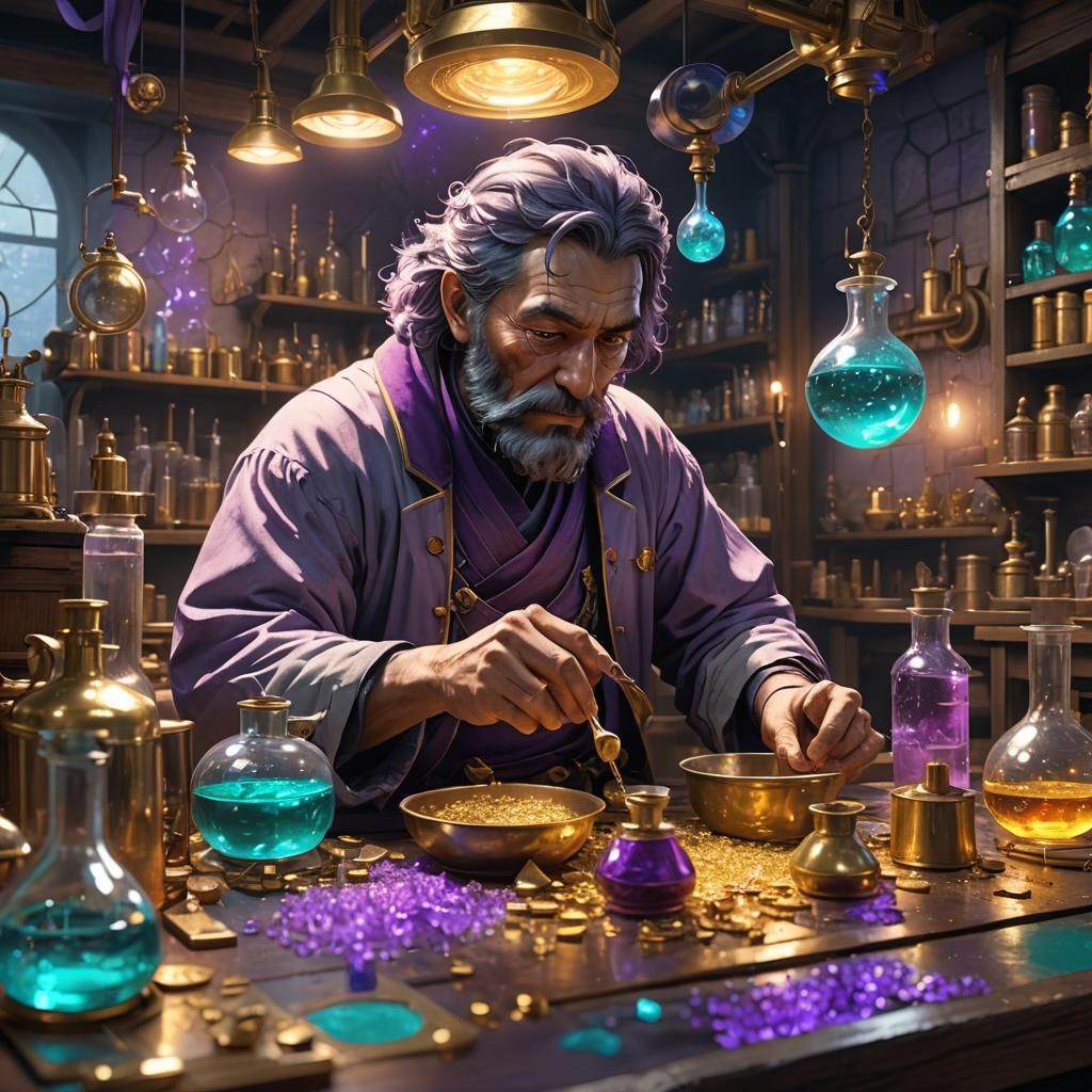 Alchemist in his lab, creating gold, forge 8k resolution dynamic ...