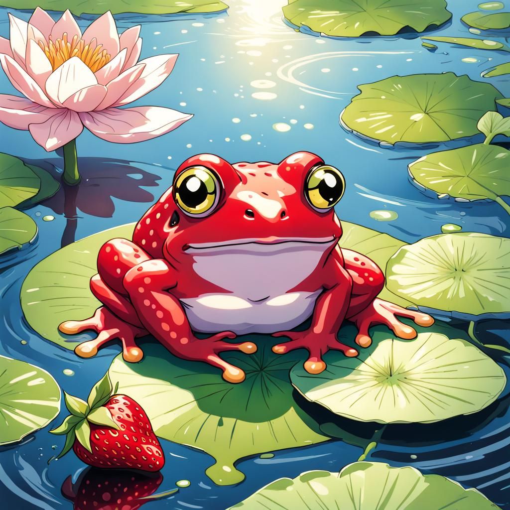 Strawberry Frog, Golden Pond, Sitting on a lily pad - AI Generated ...