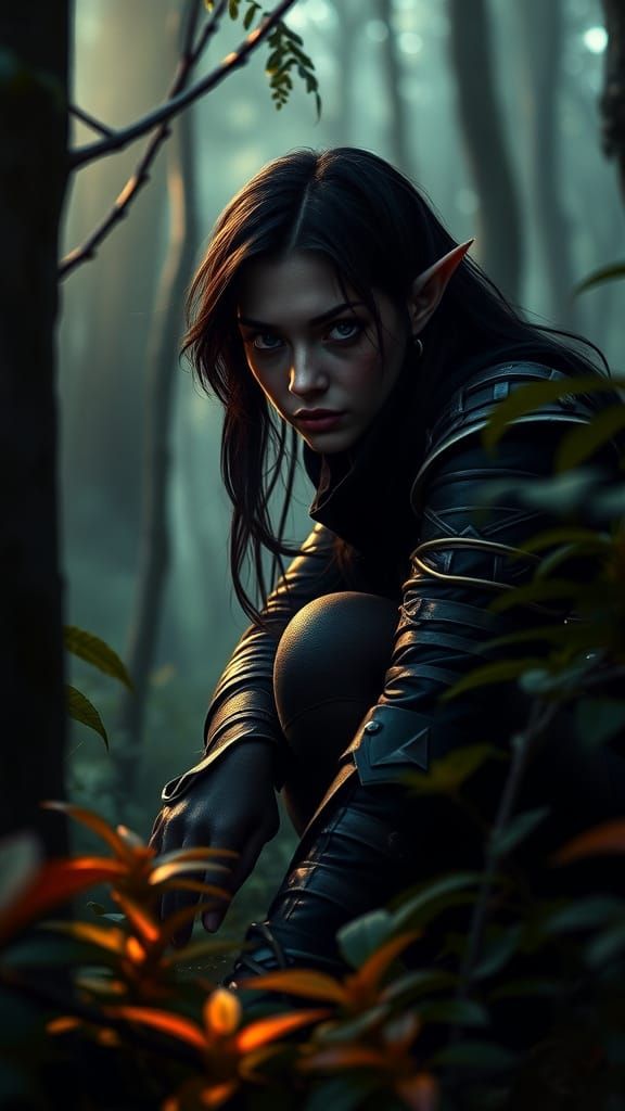 Mysterious Female Elf Rogue in Ancient Forest - AI Art
