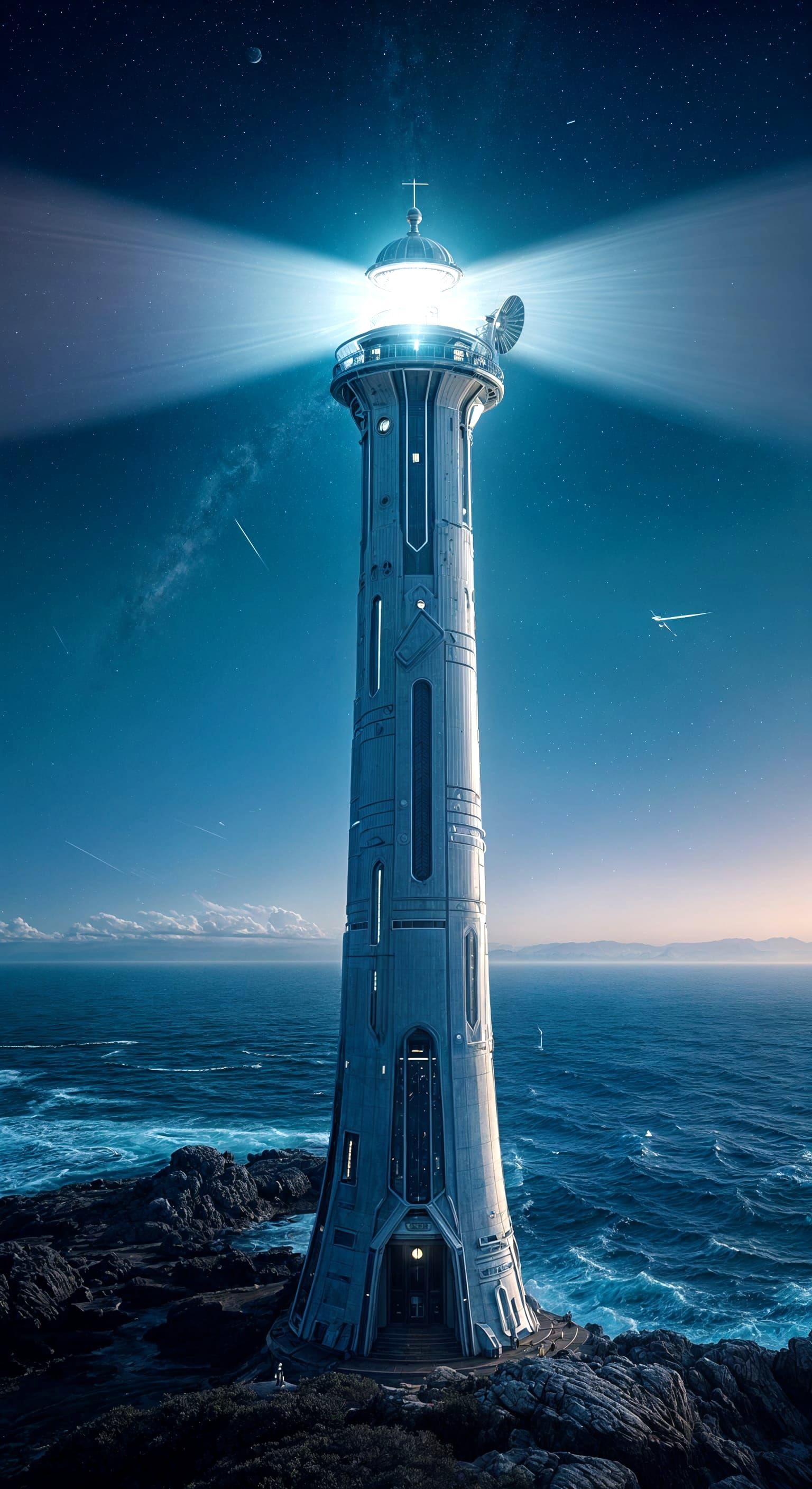 A detailed, realistic, and futuristic lighthouse