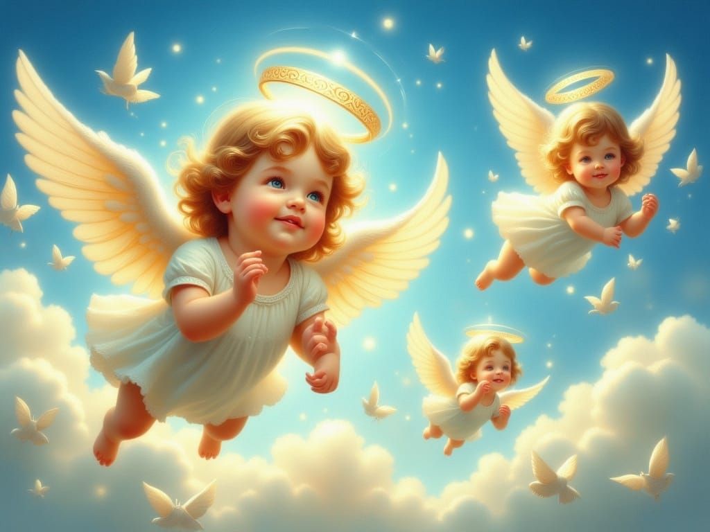 Cherubs - Whimsical Cherub Angel Babies Soar in a Bright Bl...