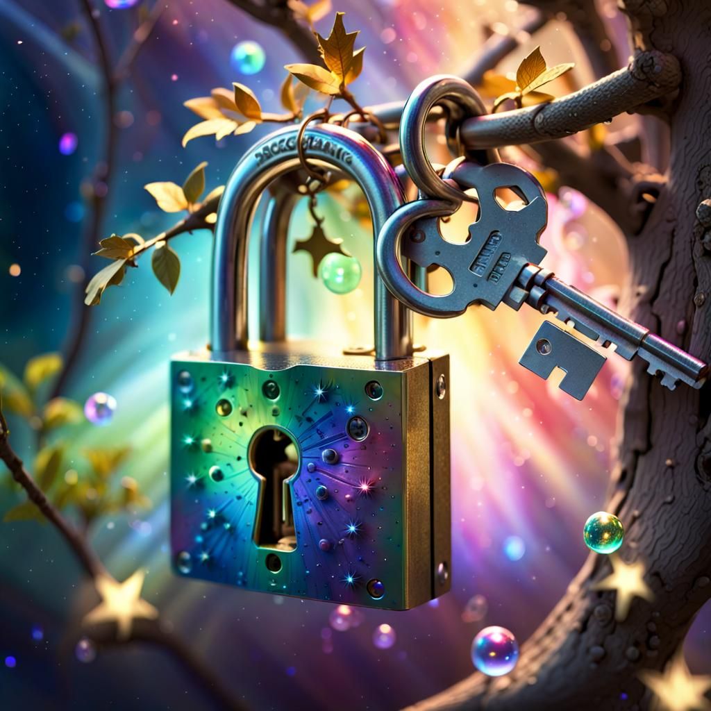 A magic glowing key stuck in a padlock lock in a rainbow tree stars ...