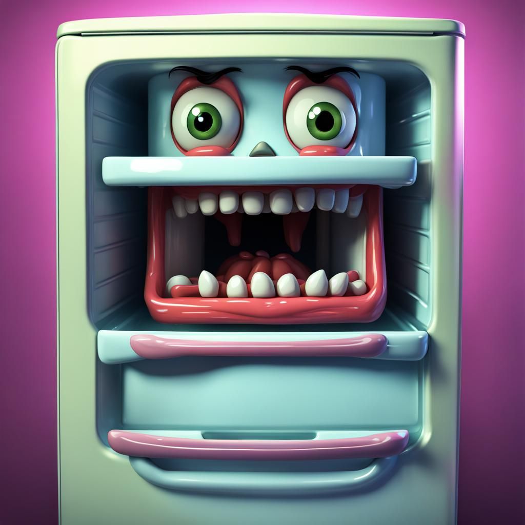 Cartoon refrigerator with a scary face, 64k resolution, a masterpiece ...