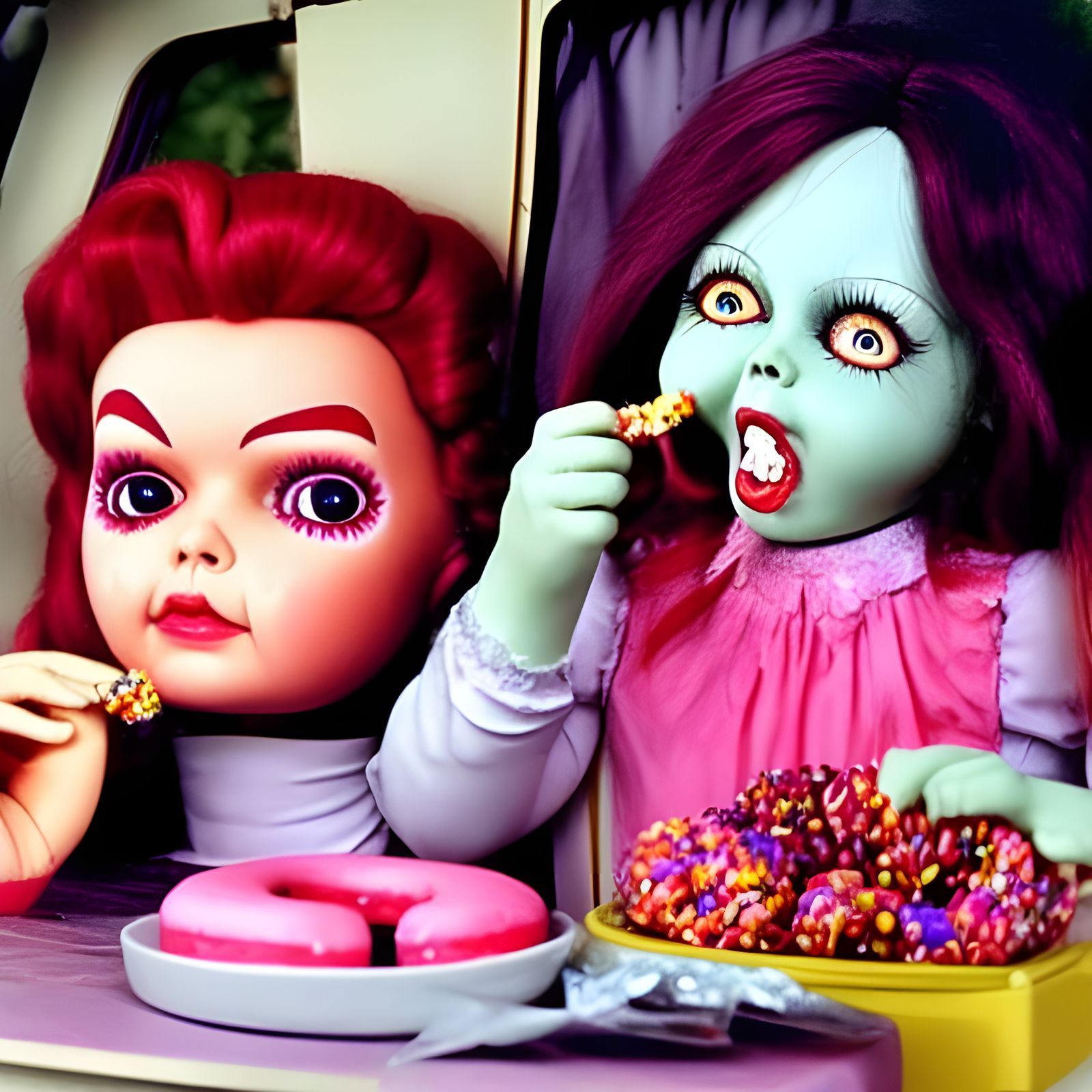 Evil Dolls Eating Donuts, 1972 - AI Generated Artwork - NightCafe Creator