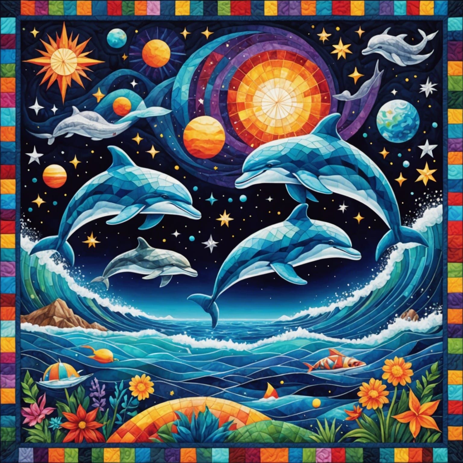 on a patchwork quilt 3D illustration with seascapes in a quilted ...