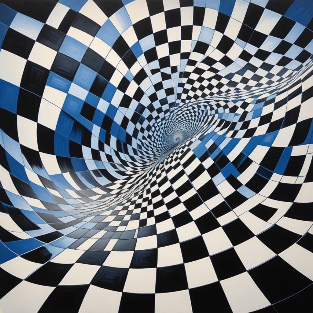 A painting composed entirely of several black and white or blue and ...