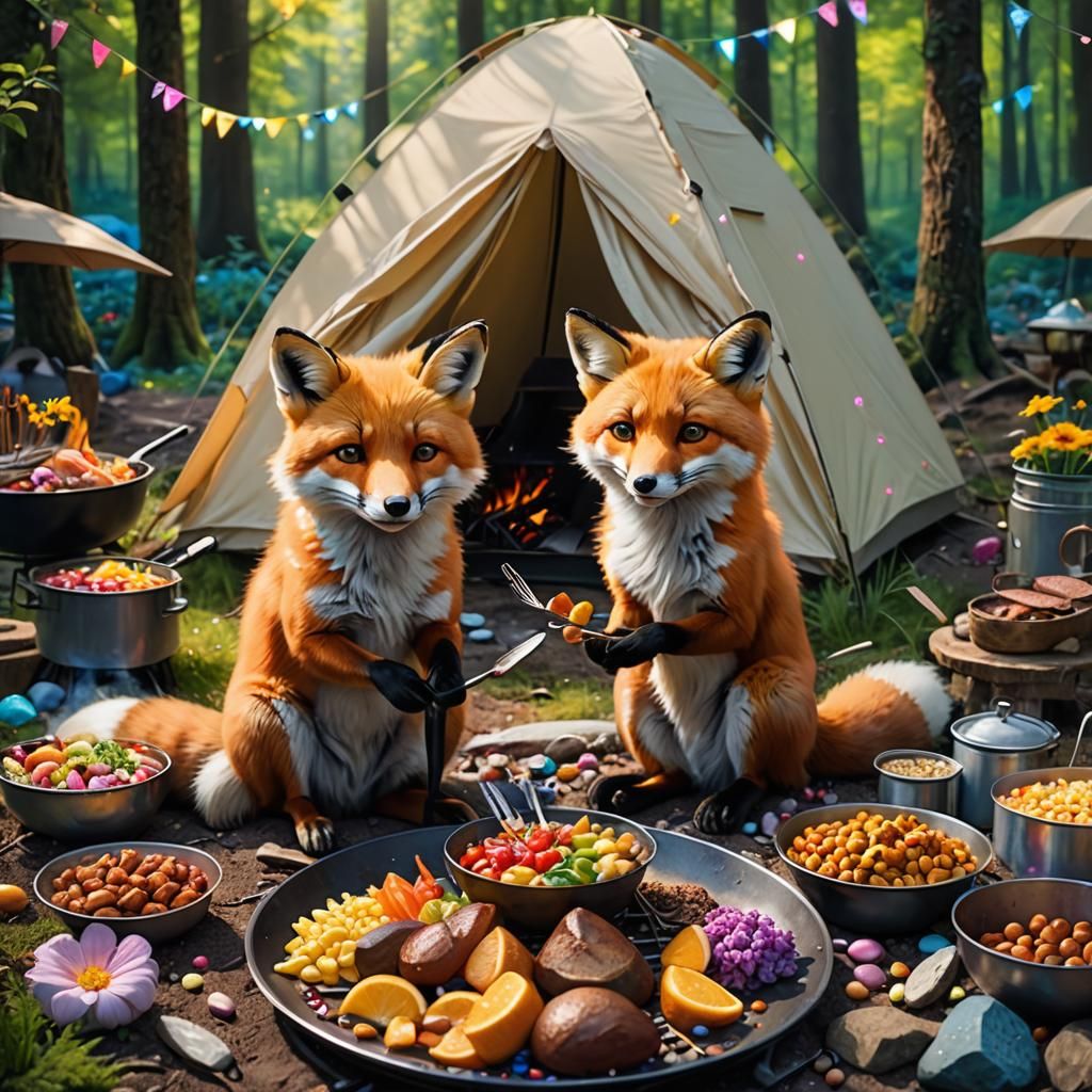 Just 2 Cute Foxes, lovely shiny eyes, sitting around a barbecue ...