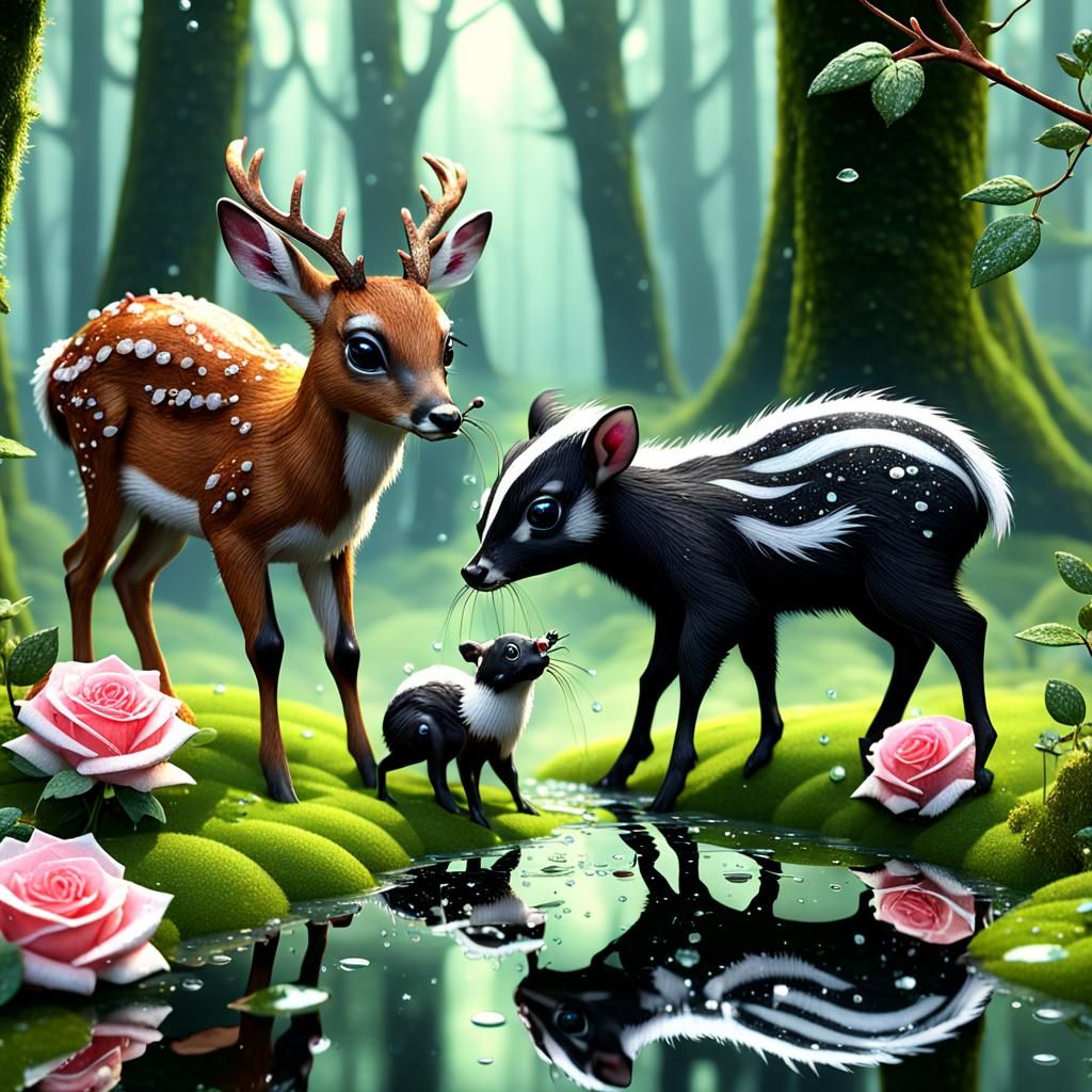 Bambi deer playing with long tailed skunk , dew drops on reflective ...