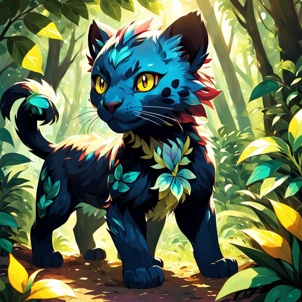 Vibrant Baby Panther Fakemon with Floral Mane and ... - AI Art