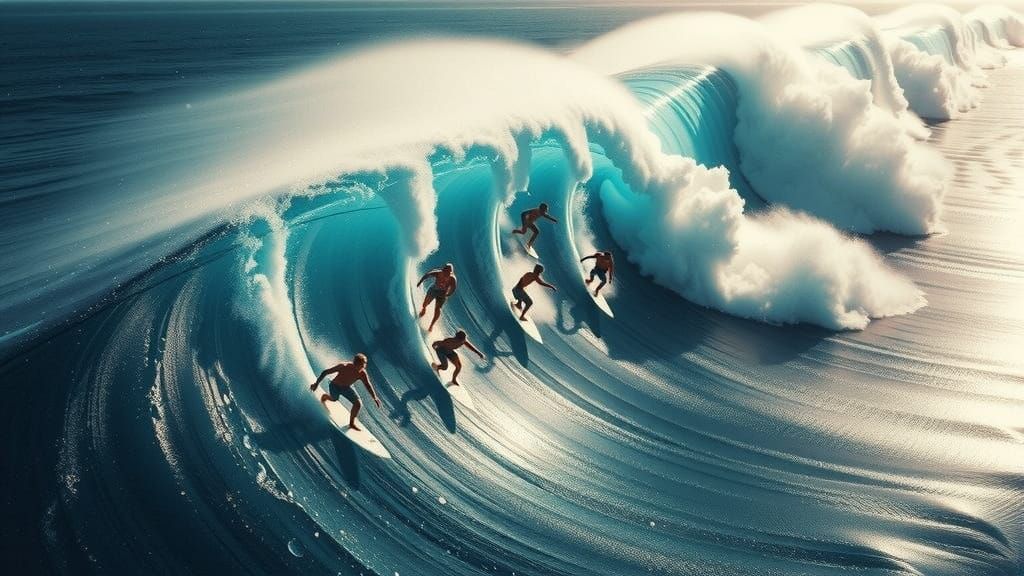 Five Man Surfer, surfing a massive wave, sunny day, Hawaii surfing ...