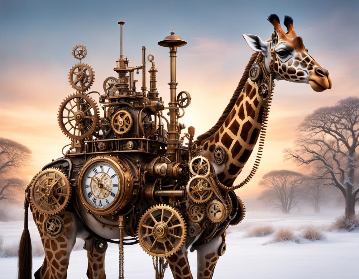 Steampunk giraffe navigating a snowy savannah - AI Generated Artwork ...