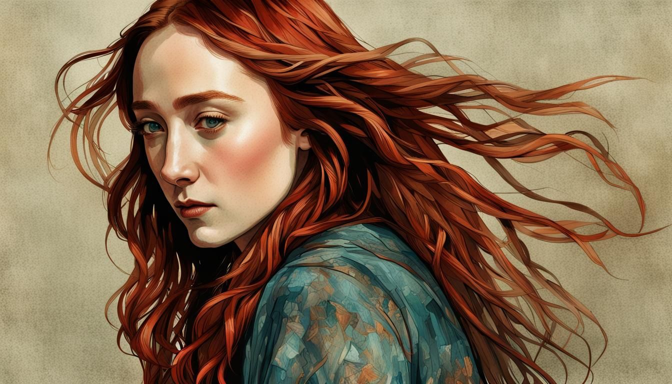 saoirse ronan with long red hair, in the style of Sam Guay painting, 1/ ...