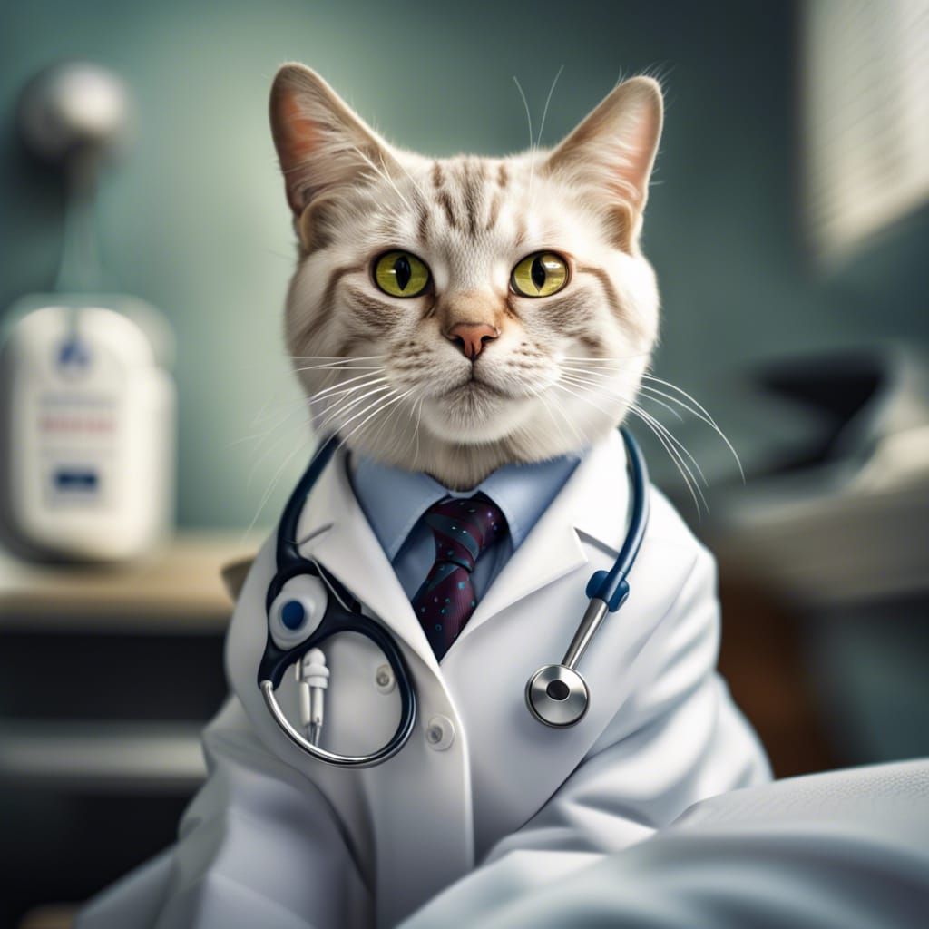 a cat dressed in a doctor's outfit, wearing a white lab coat ...
