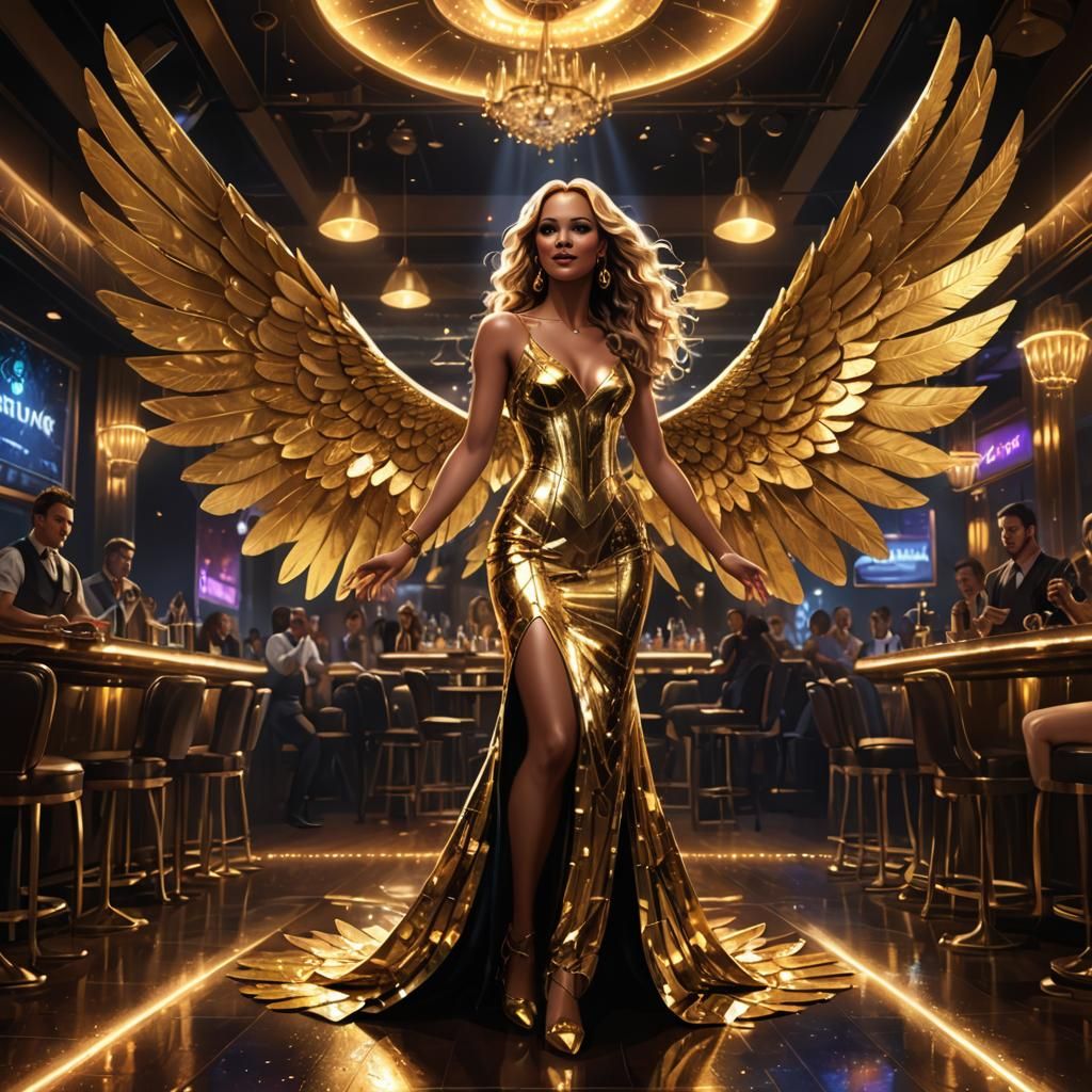 A Beautiful Lounge Singer Women with Glistening Golden Wings, Hair and ...