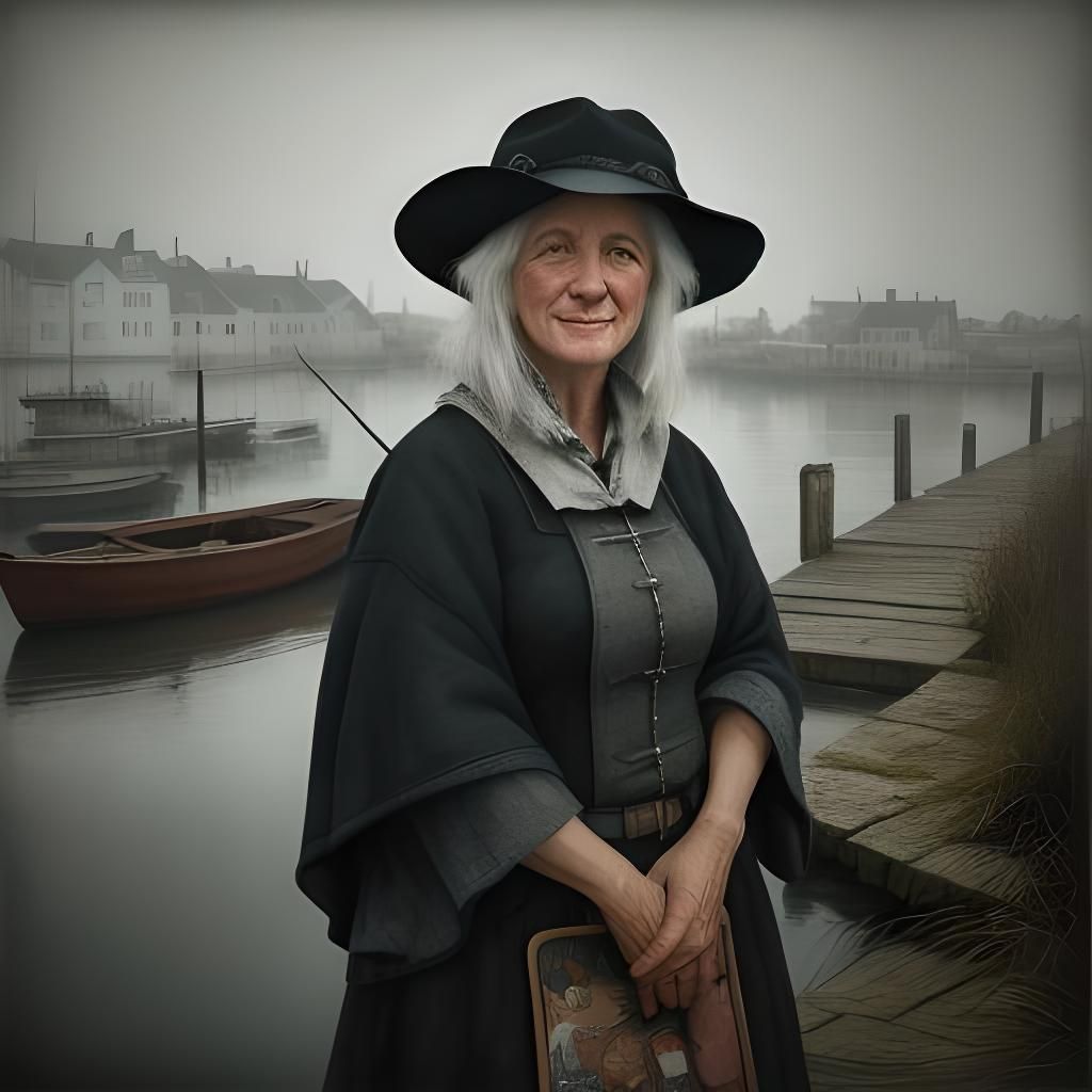 smiling fisherwoman in an Naïve art depiction of a harbour town ...