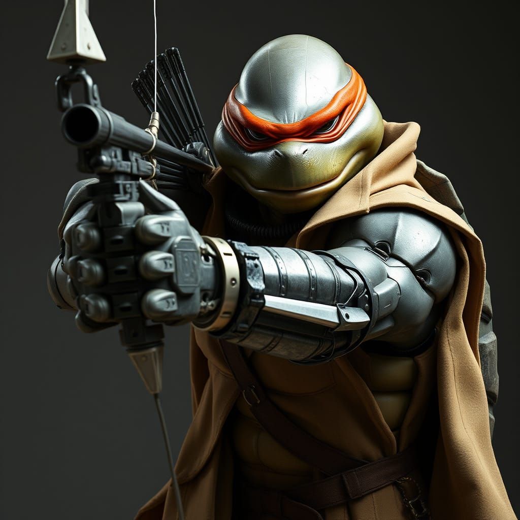 Cyborg Turtle Warrior in Stealthy Archery Pose - AI Art