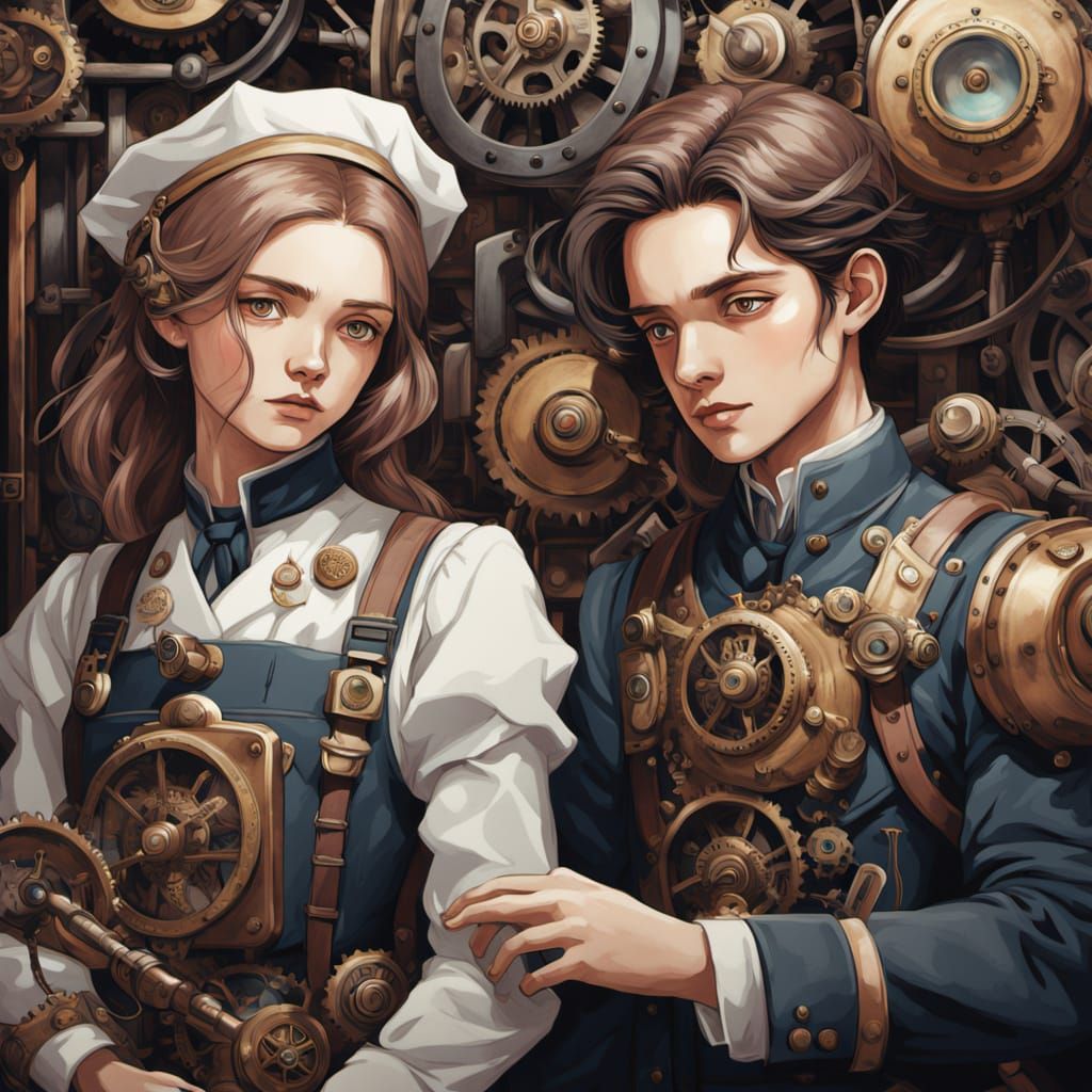 Clockwork Lovers Amidst War's Chaos in Soft Waterc... - AI Art