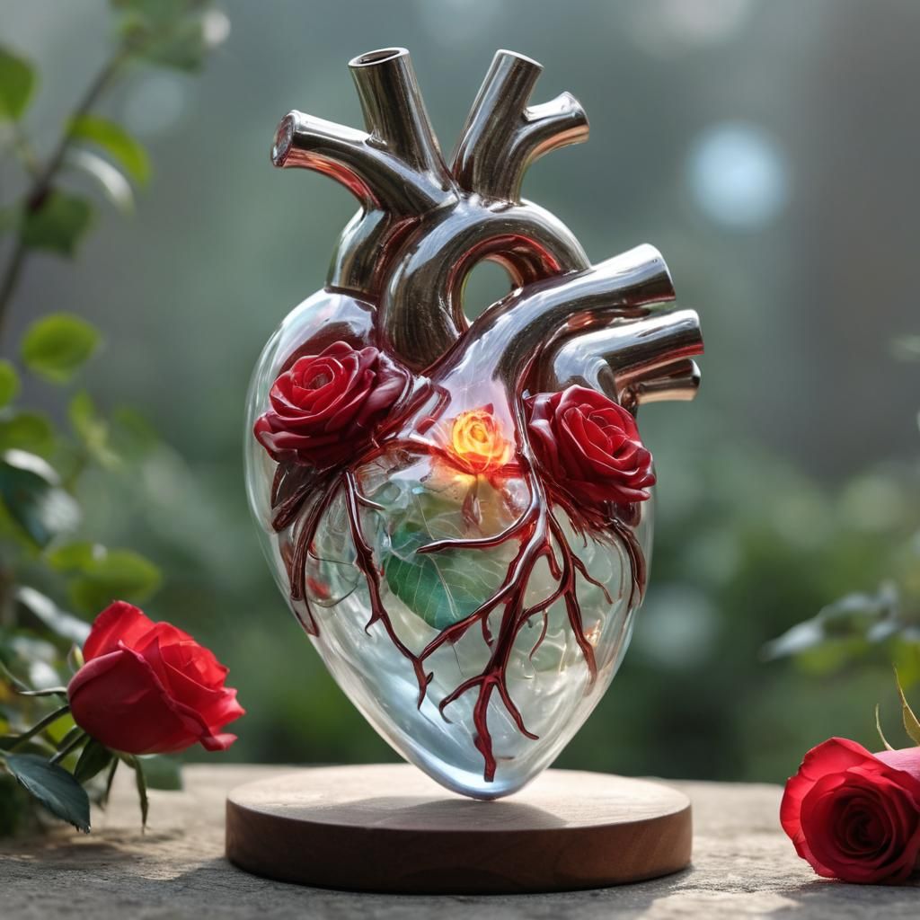 A glass anatomical human heart with Jesus Sacred Heart, and magical ...