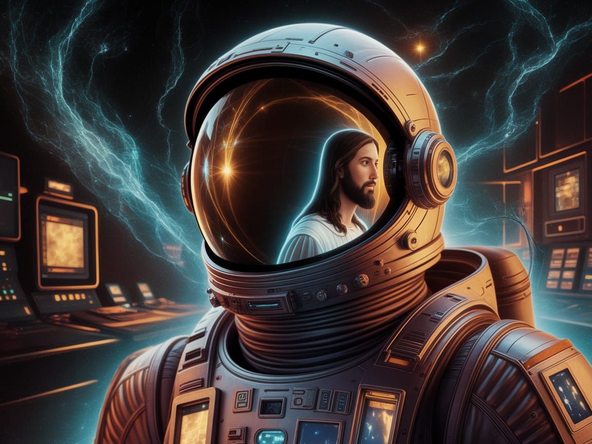 spaceman with jesus image in white robe reflecting in glass helmet