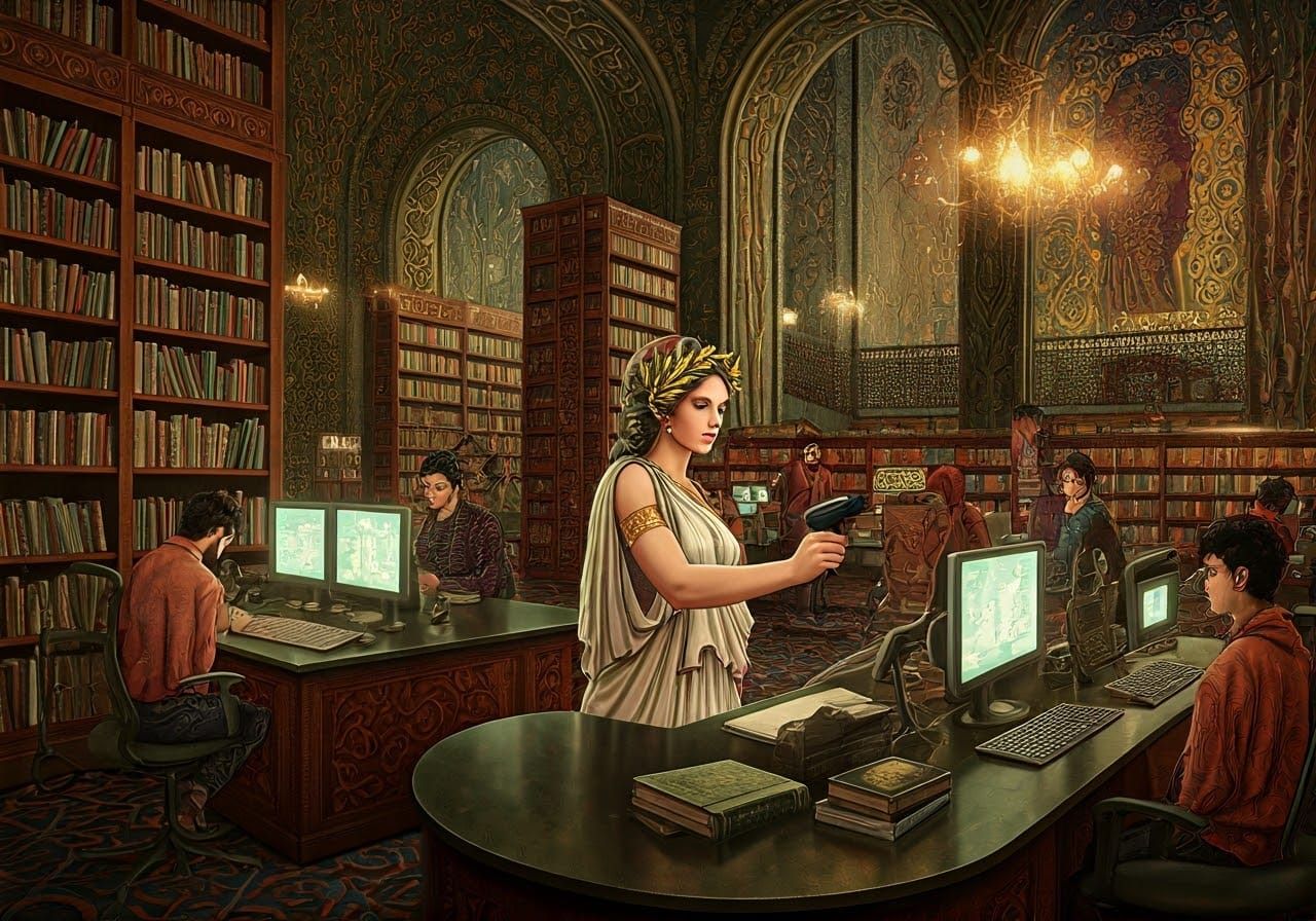 Athena, Goddess of Wisdom, working in a library.