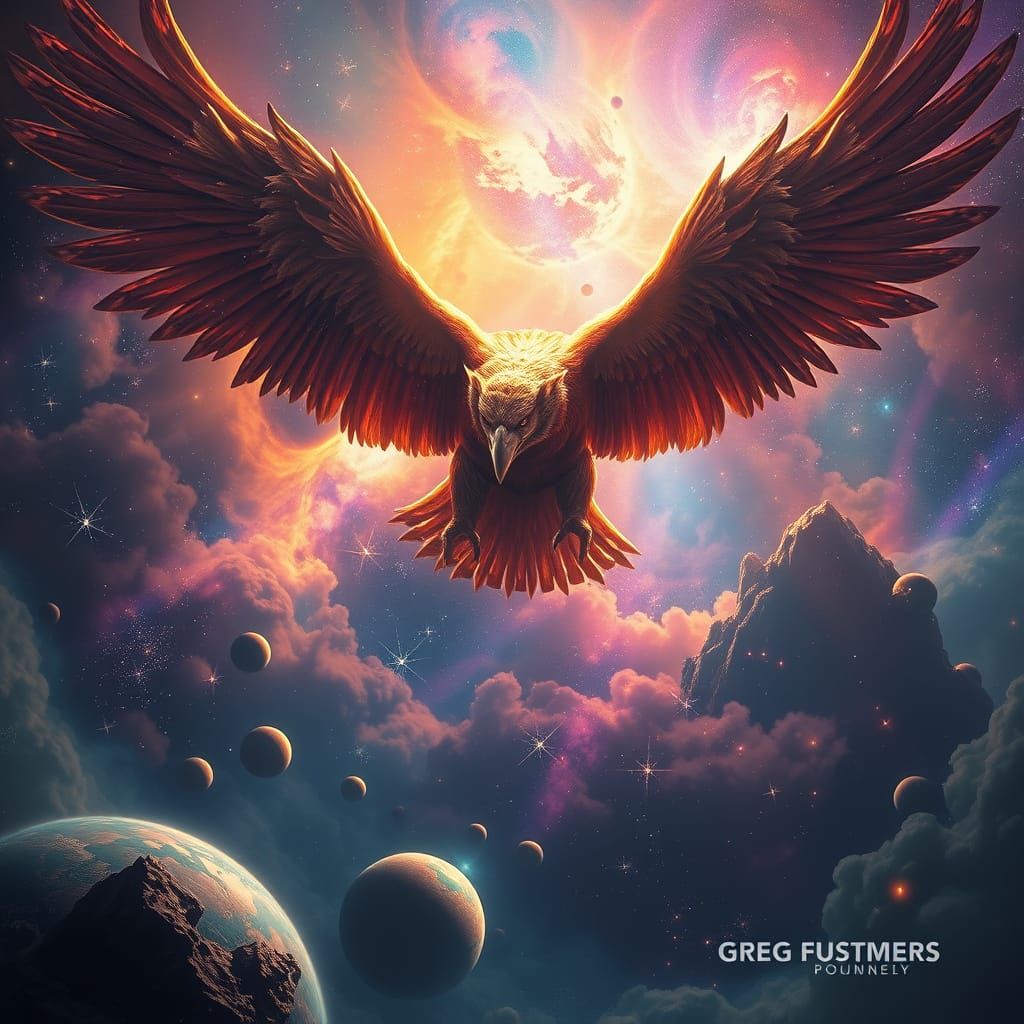 Ethereal Griffin Soars Through Cosmic Vistas - AI Art