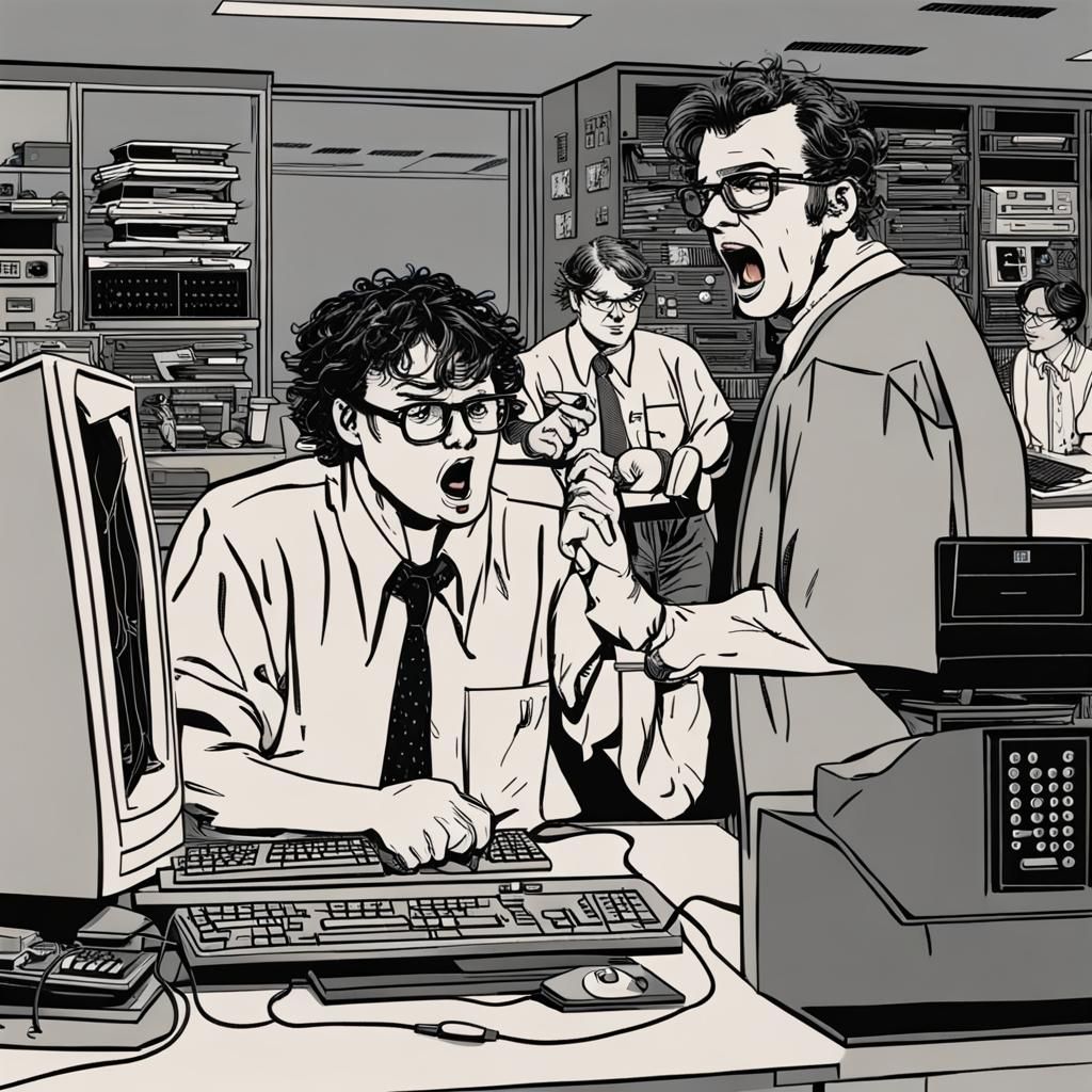 Nerdy 1990s computer programmer. Colleagues arguing in the background ...
