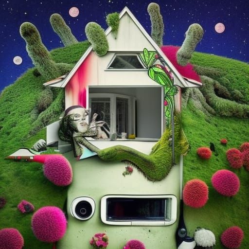 very detailed cute house with a face, a composition with distorted ...