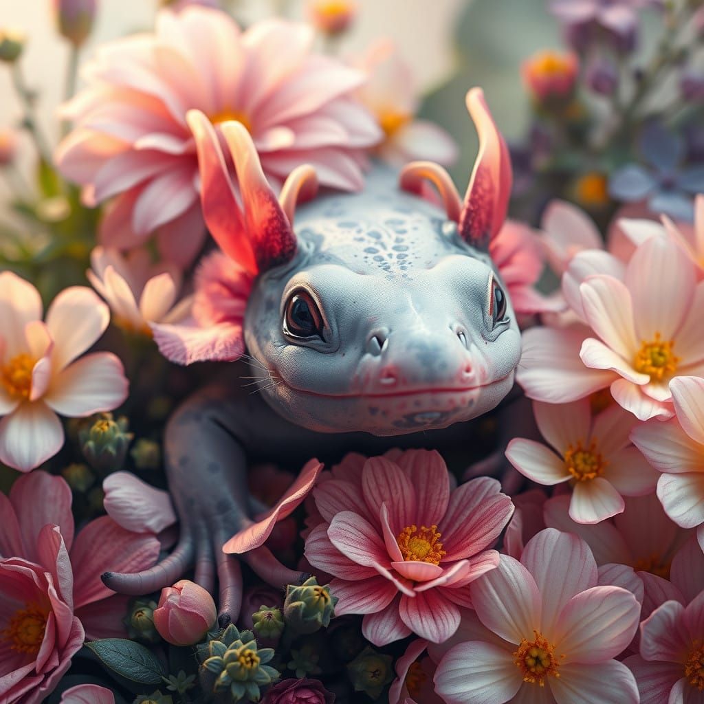 Axolotal with flowers - Axolotl in a Fantastical Floral Wond...