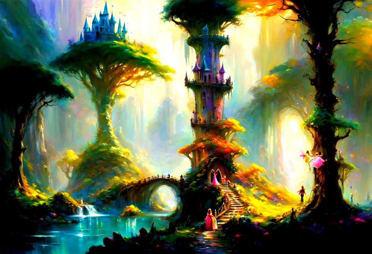 Fantasy fairy castle, fantasy fairy forest, intense iridescent color, high contrast, by pino daeni