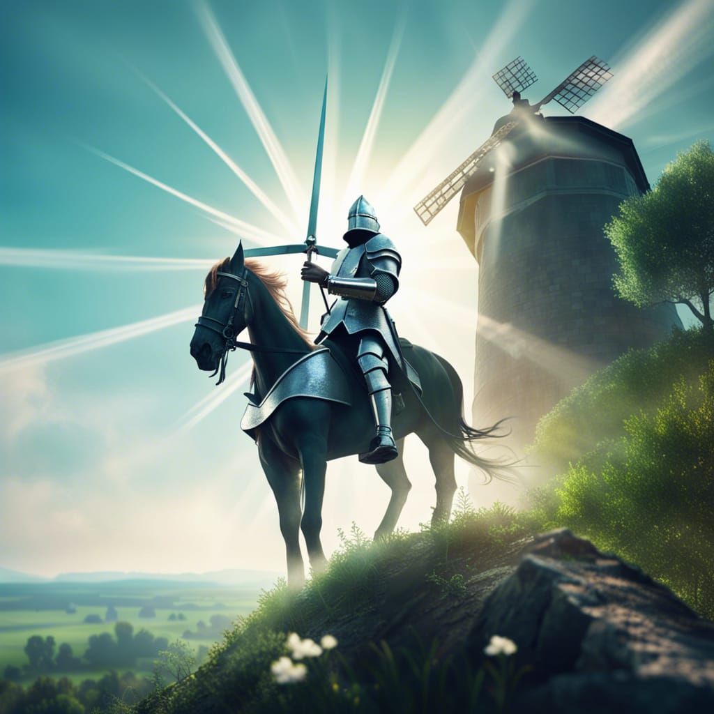 Realistic Photo of knight riding a horse and fighting a windmill like ...