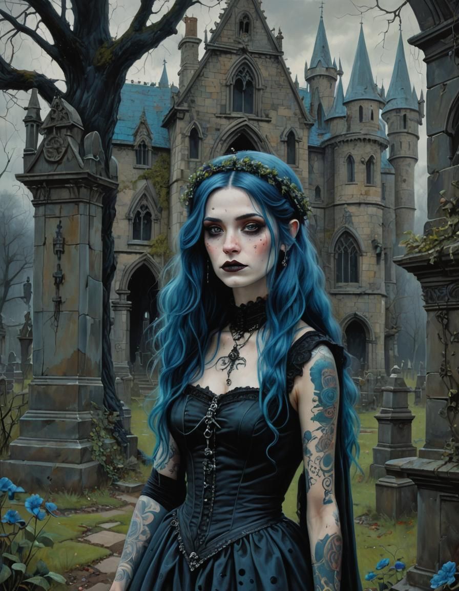 goth pale-skinned princess with freckles long bright blue hair and ...