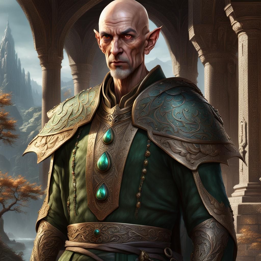 680 year old High elf, bald with grey eyes. Green skim. Standing at 5'3 ...