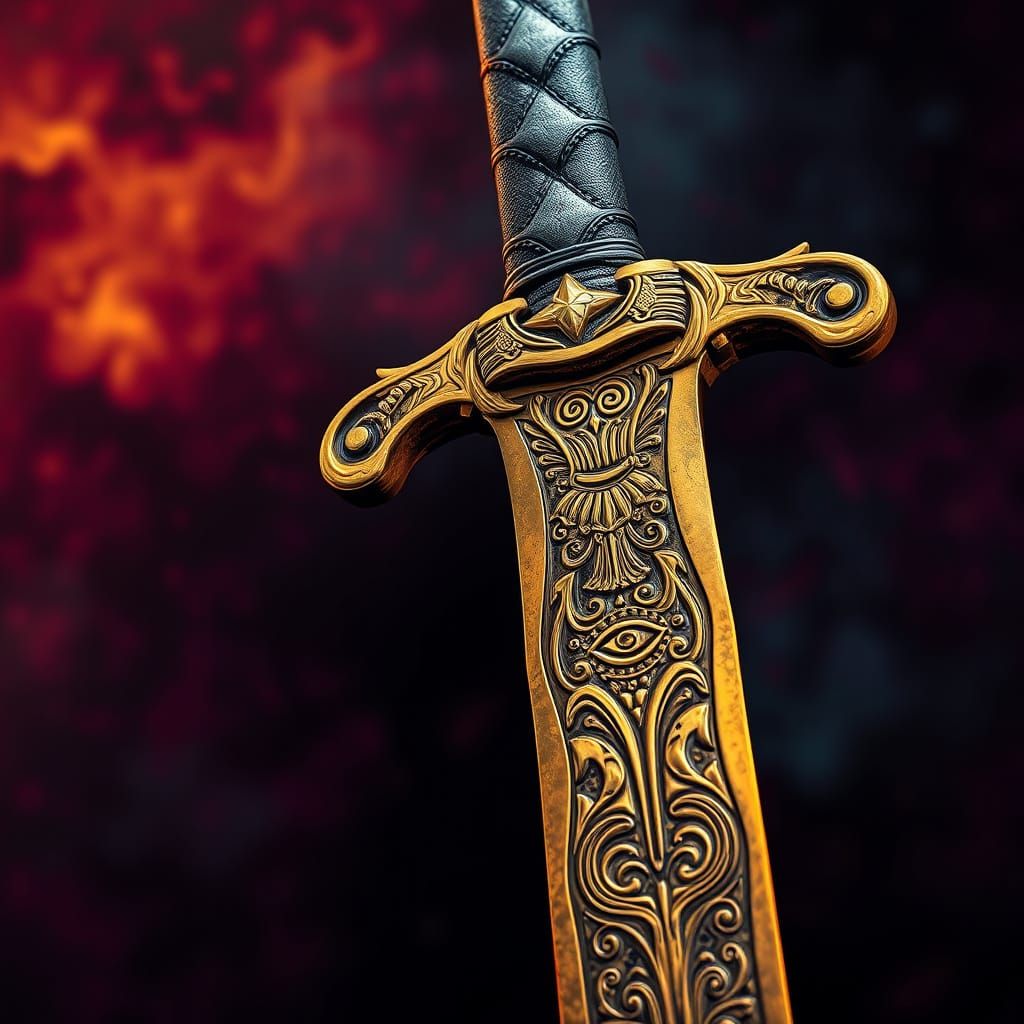 a large ancient looking sword made from gold and a wrought iron handle ...