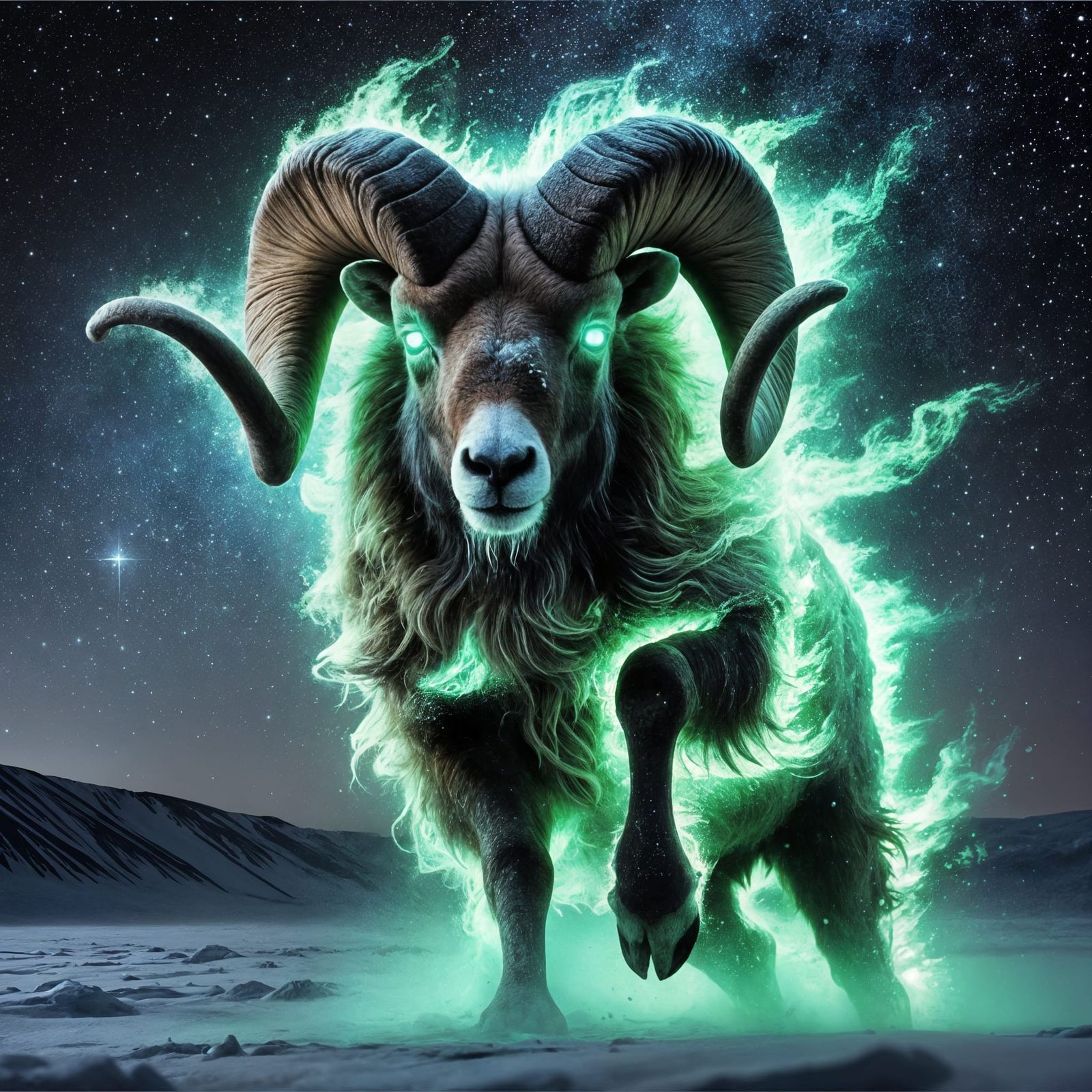 Majestic Bighorn Ram Enveloped in Fiery Green Flam... - AI Art