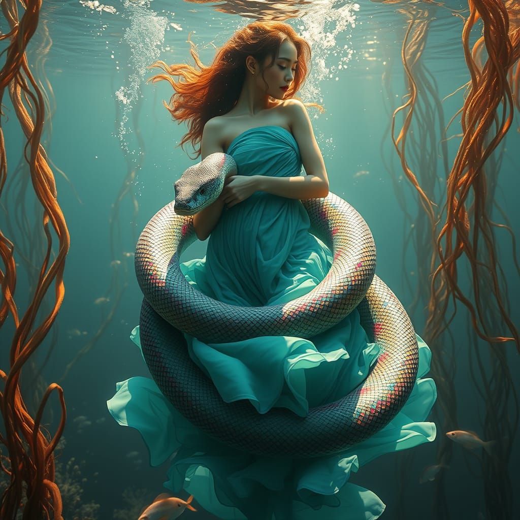 Surreal Underwater Scene with Snake and Woman in V... - AI Art
