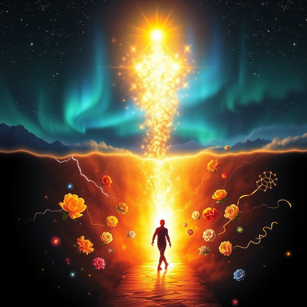 A glowing celestial soul made of radiant starlight gently descends from ...