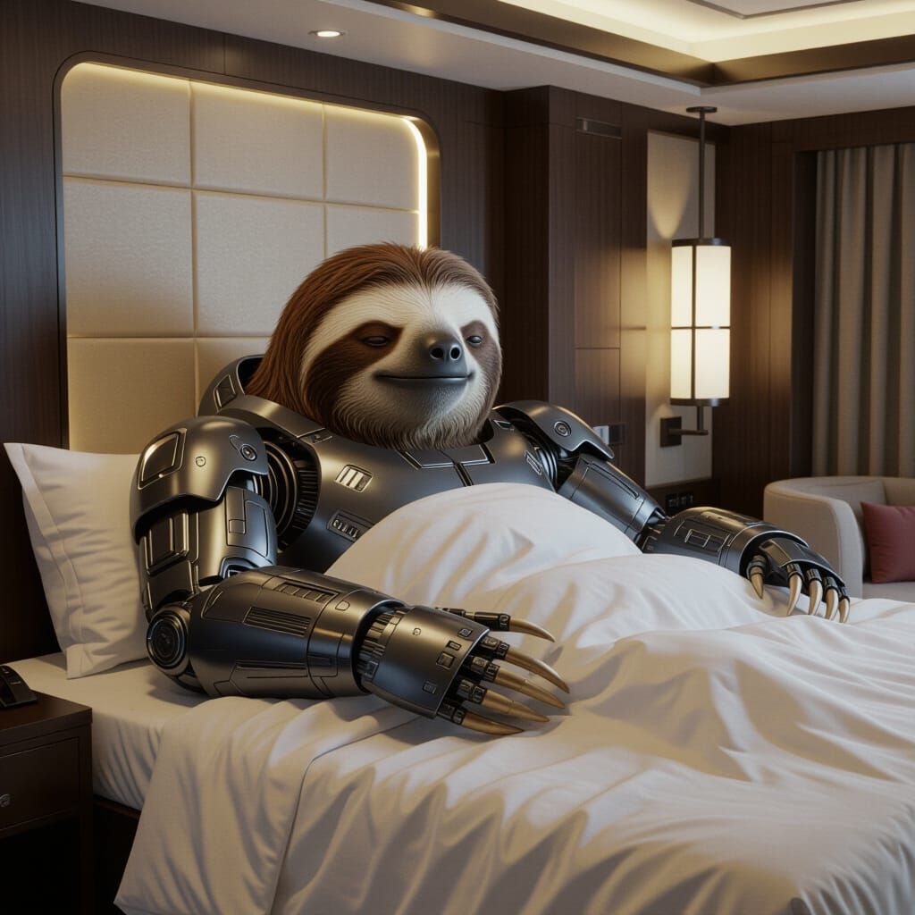Giant Robot Sloth Sleeping in Luxurious Hotel, 4K - AI Art